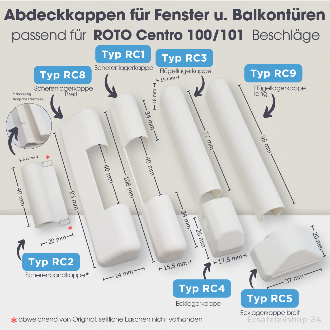 Abdeckkappen, passend für ROTO Centro 100 Fenster Beschlag Scherenlage ...